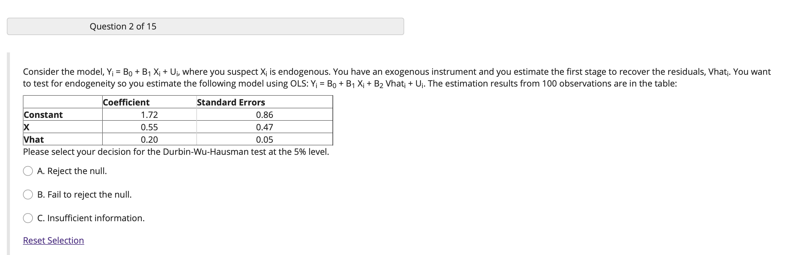 Solved Question 2 of 15 Consider the model, Y; = Bo + B1 Xi | Chegg.com