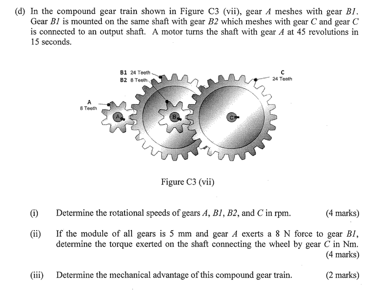 Solved (d) In the compound gear train shown in Figure C3 | Chegg.com