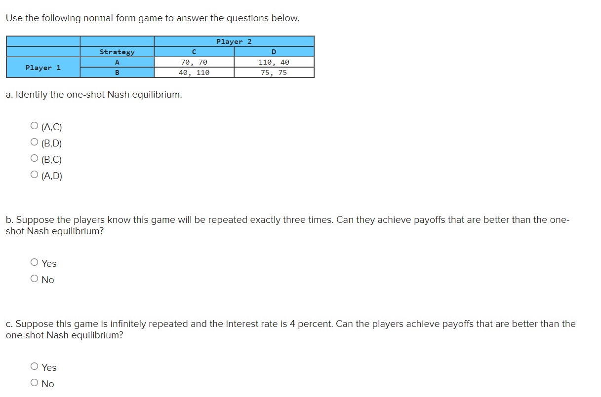 Solved Use the following normal-form game to answer the | Chegg.com