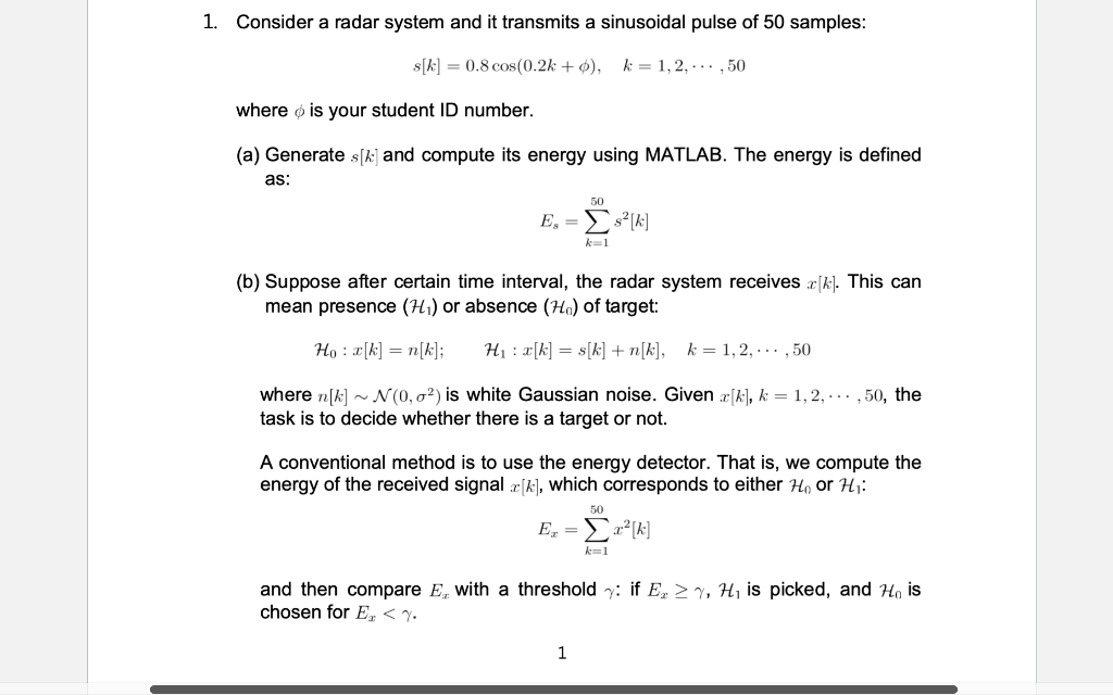 Solved 1. Consider a radar system and it transmits a | Chegg.com