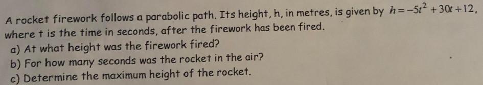 Solved A rocket firework follows a parabolic path. Its | Chegg.com