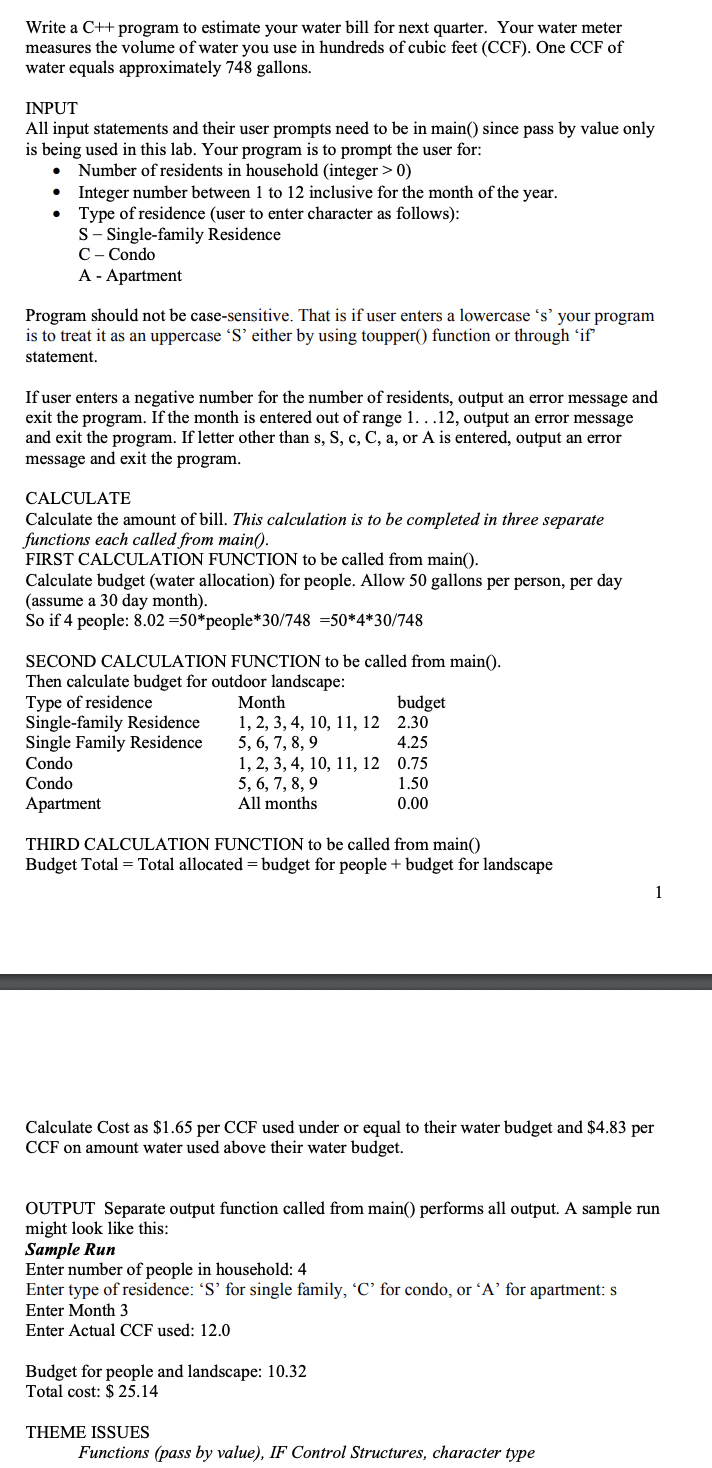 Solved Write a C++ program to estimate your water bill for | Chegg.com