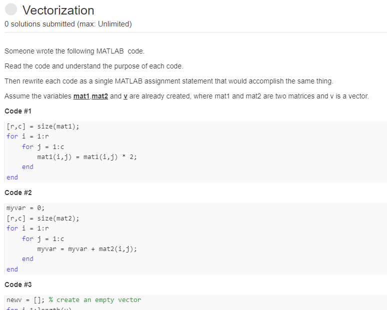 Solved Vectorization O solutions submitted (max: Unlimited) | Chegg.com