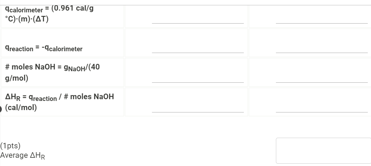 qcalorimeter=(0.961cal/g∘C)⋅(m)⋅(ΔT)qreaction | Chegg.com