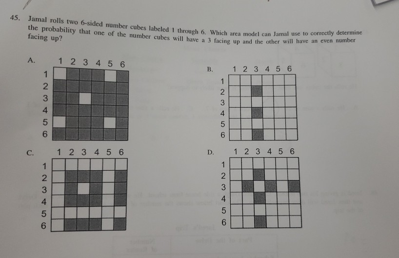 Solved 45. Jamal rolls two 6-sided number cubes labeled 1 | Chegg.com
