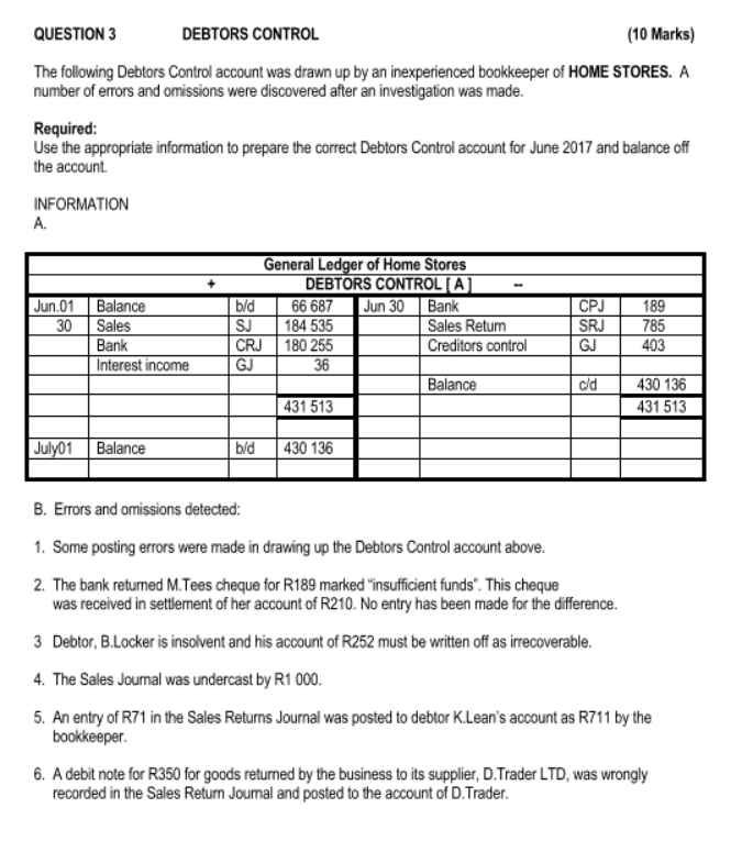 Solved ION3 DEBTORS CONTROL 10 Marks The Following Chegg