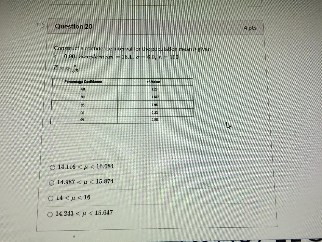 Solved Question 20 4 pts Construct a confidence interval for | Chegg.com