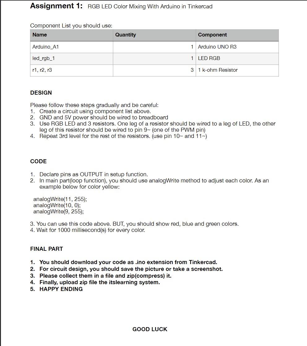 Solved Assignment 1: RGB LED Color Mixing With Arduino in | Chegg.com