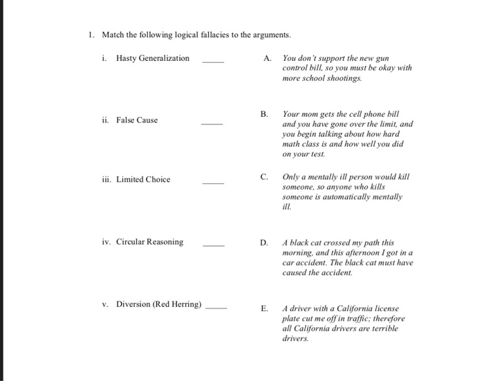 Solved . Match the following logical fallacies to the | Chegg.com