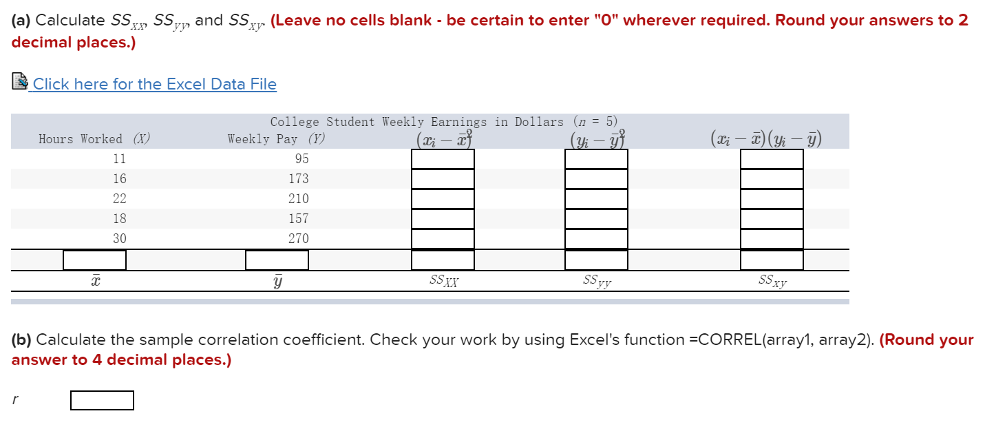 Solved (a) Calculate SSxx SS, yy and SS xy (Leave no cells | Chegg.com