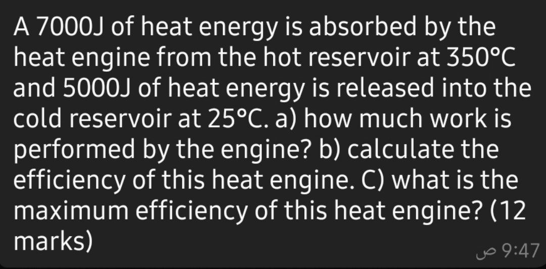 Solved A 7000J of heat energy is absorbed by the heat engine | Chegg.com