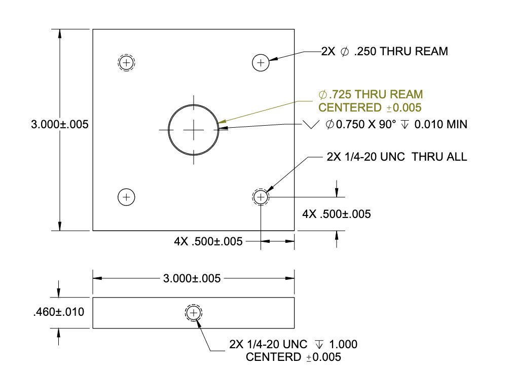 Solved -2X 0.250 THRU REAM + + 0.725 THRU REAM CENTERED | Chegg.com