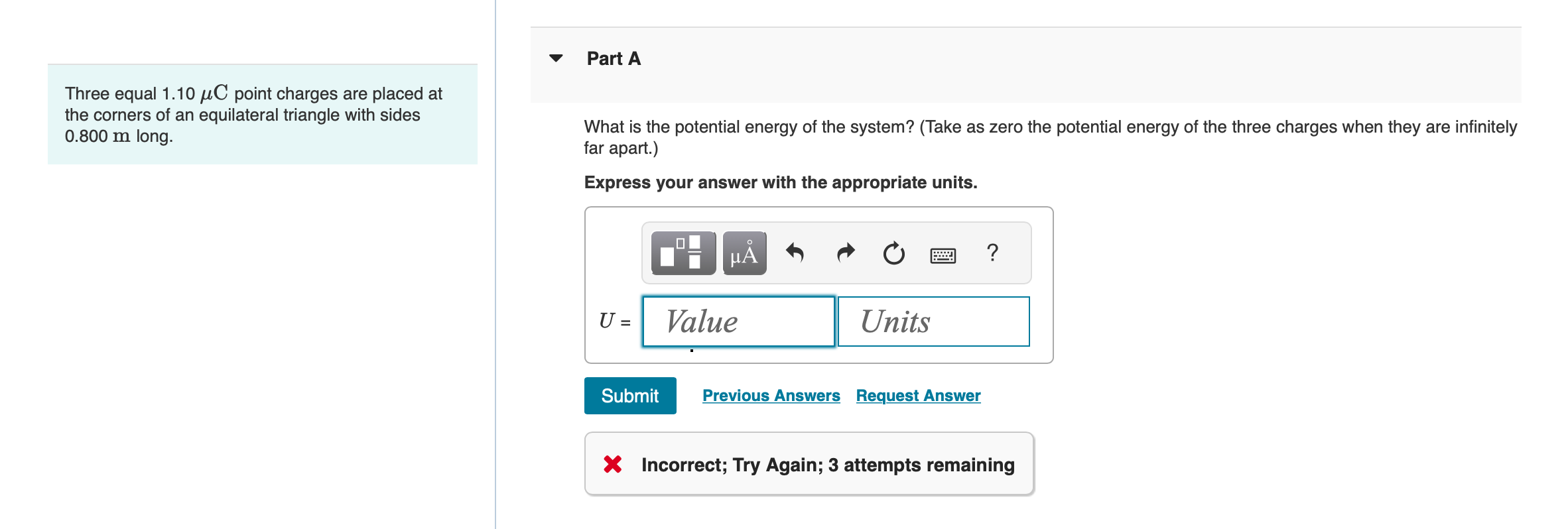 Solved Three equal 1.10μC point charges are placed at the | Chegg.com