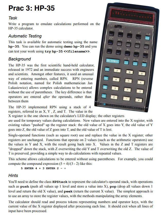 Prac 3: HP-35 Task Write a program to emulate | Chegg.com