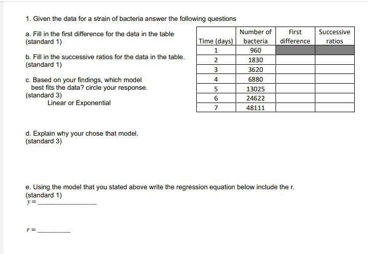 Solved First difference Successive ratios 1. Given the data | Chegg.com