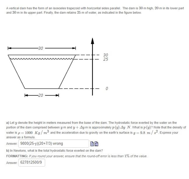 Solved A vertical dam has the form of an isosceles trapezoid | Chegg.com