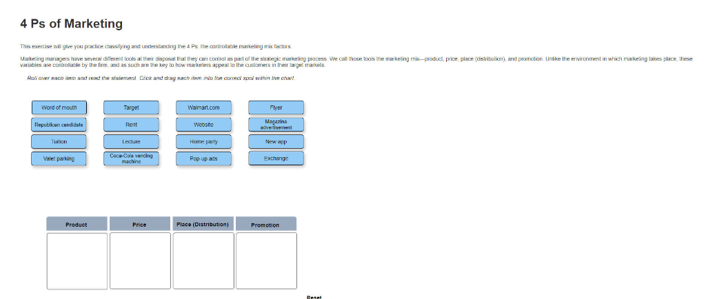 Solved 4 Ps of Marketing This exercise will give you | Chegg.com
