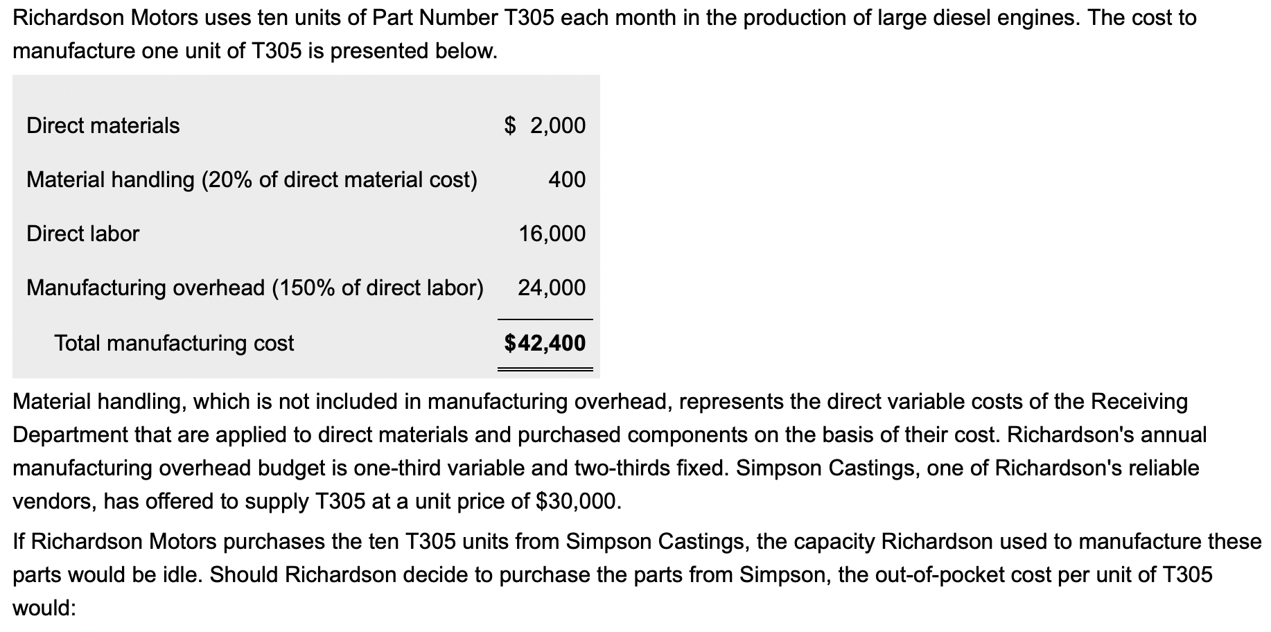 Solved Richardson Motors uses ten units of Part Number T305 | Chegg.com
