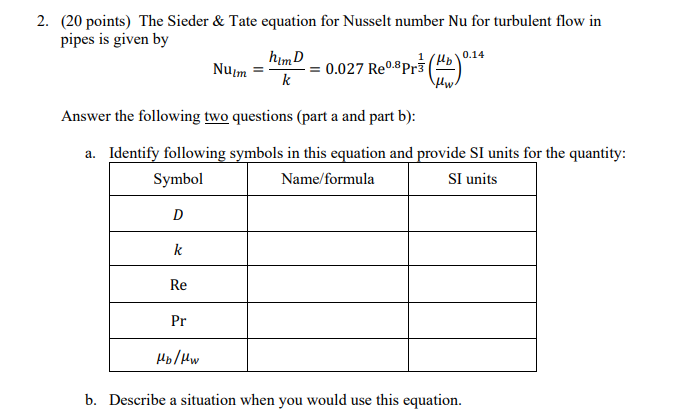 Solved 2. (20 points) The Sieder & Tate equation for Nusselt | Chegg.com