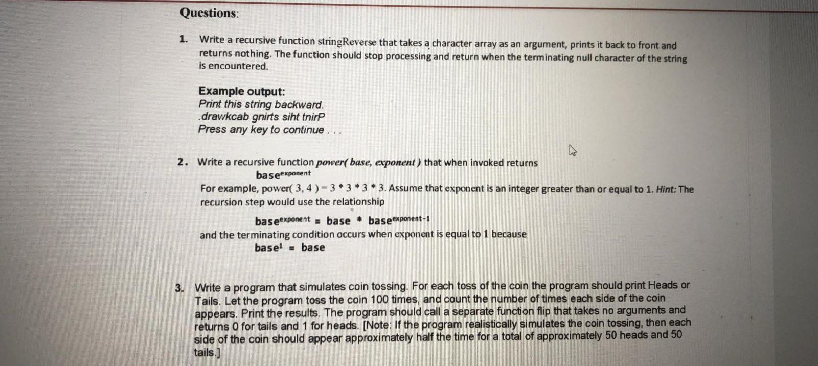 Solved Questions: 1. Write a recursive function string | Chegg.com