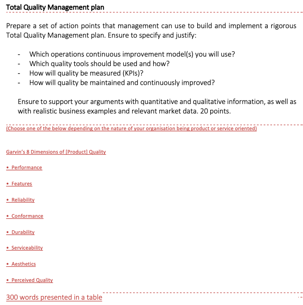 Solved Total Quality Management plan Prepare a set of action | Chegg.com
