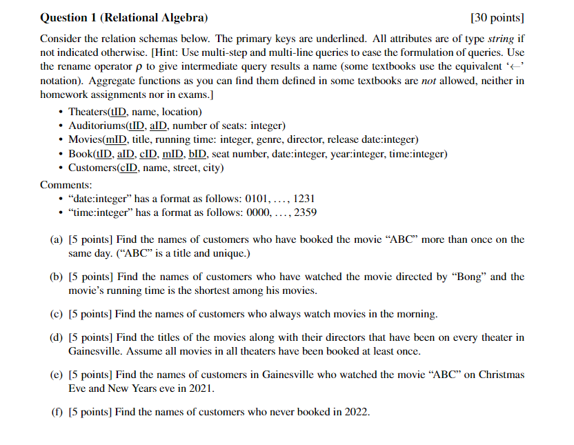 Solved Question 1 (Relational Algebra) [30 points) Consider | Chegg.com