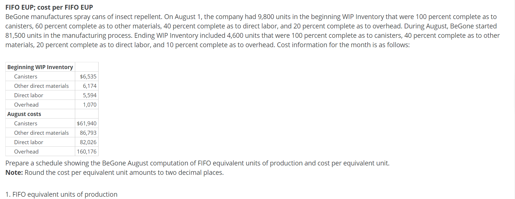 Solved FIFO EUP; cost per FIFO EUP BeGone manufactures spray | Chegg.com