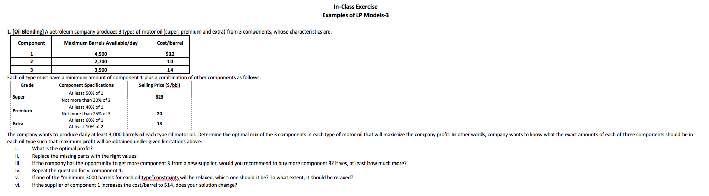 Solved In-Class Exercise Examples of LP Models-3 1. (Oil | Chegg.com