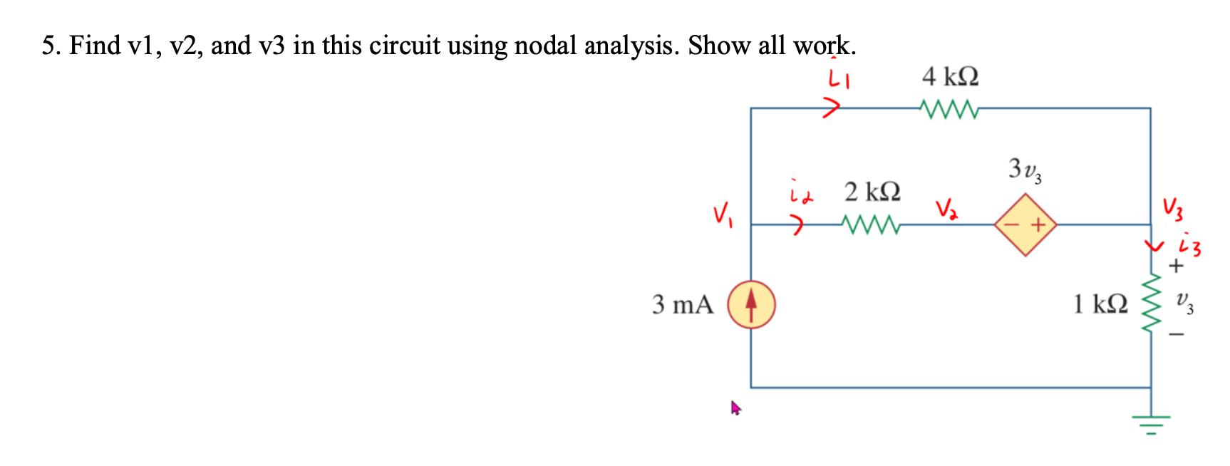 Solved 5. Find v1, v2, and v3 in this circuit using nodal | Chegg.com