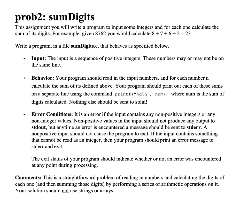 Solved prob2: sumDigits This assignment you will write a | Chegg.com