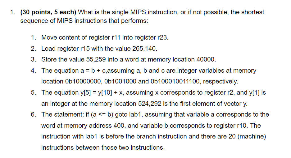 Solved (30 points, 5 each) What is the single MIPS | Chegg.com