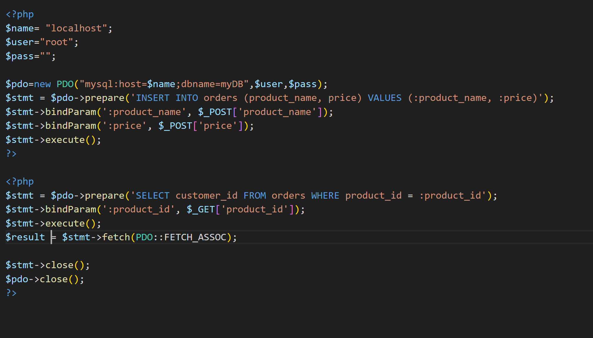 Solved prepare('INSERT INTO orders (product_name, price) | Chegg.com