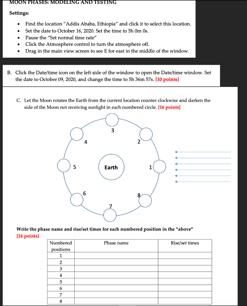 Solved MOON PHASES: MODELING AND TESTING Settings: . . Find | Chegg.com