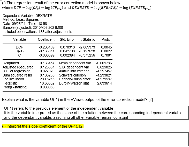 Solved (i) The regression result of the error correction | Chegg.com