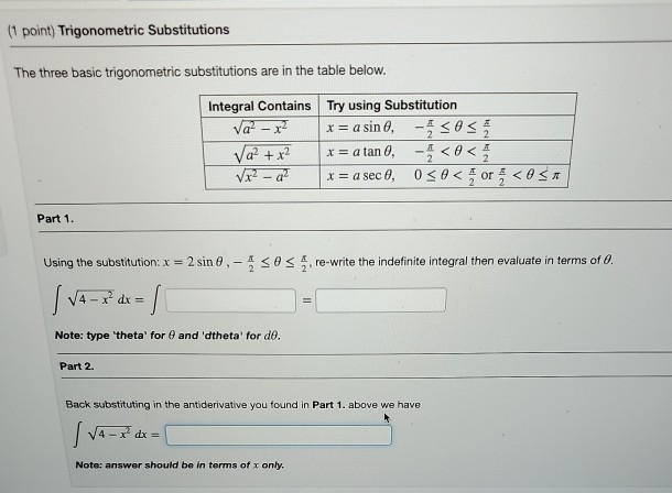 Solved (1 point) Trigonometric Substitutions The three basic | Chegg.com