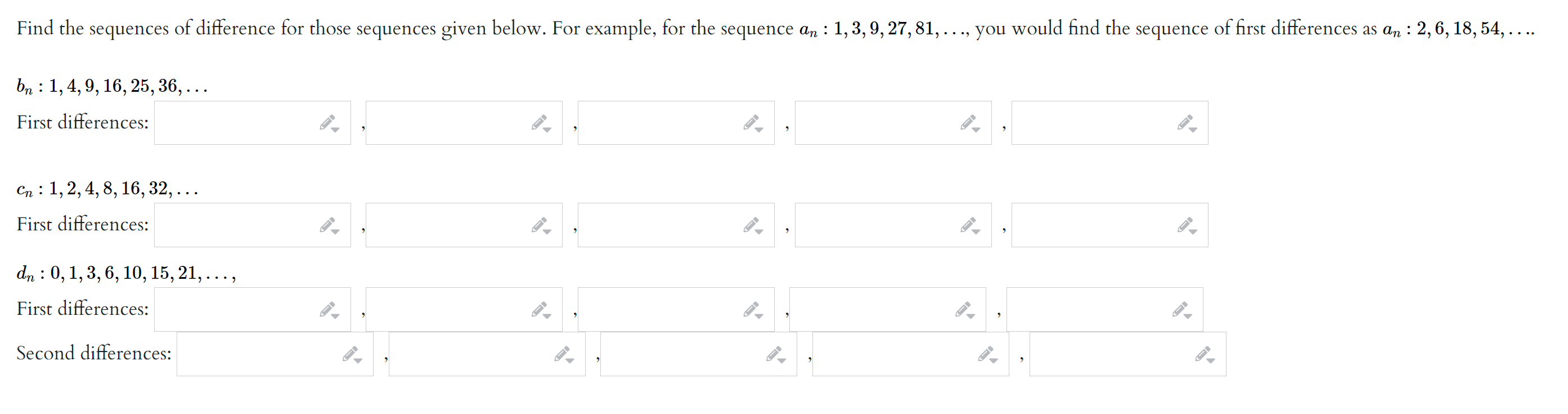 Solved bn:1,4,9,16,25,36,… First differences: | Chegg.com