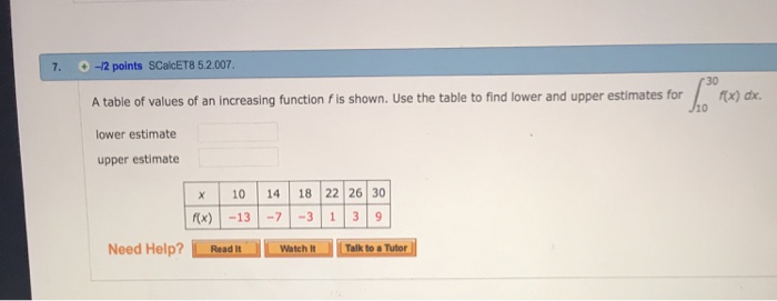 Solved 7. -12 points SCalcET8 5.2.007 30 A table of values | Chegg.com