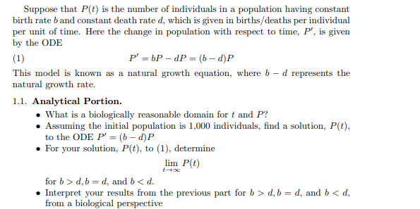 Solved Suppose that P(t) is the number of individuals in a | Chegg.com