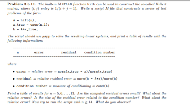 Solved Problem 3.5.11. The built-in MATLAB function hilb can | Chegg.com
