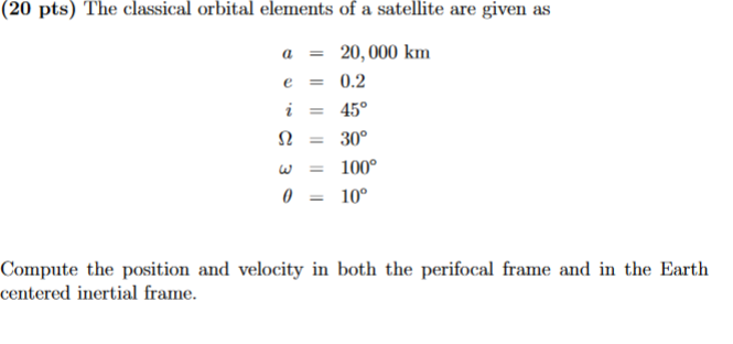 Solved (20 pts) The classical orbital elements of a | Chegg.com