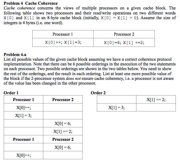 Problem 4 Cache Coherence Cache coherence concerns | Chegg.com