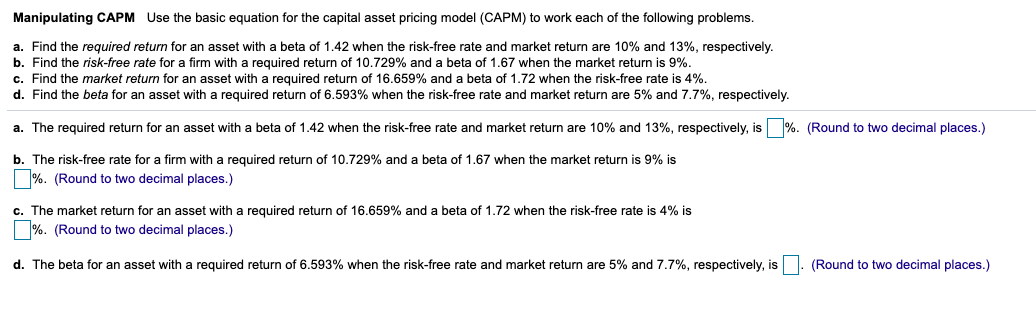Solved Manipulating CAPM Use the basic equation for the | Chegg.com