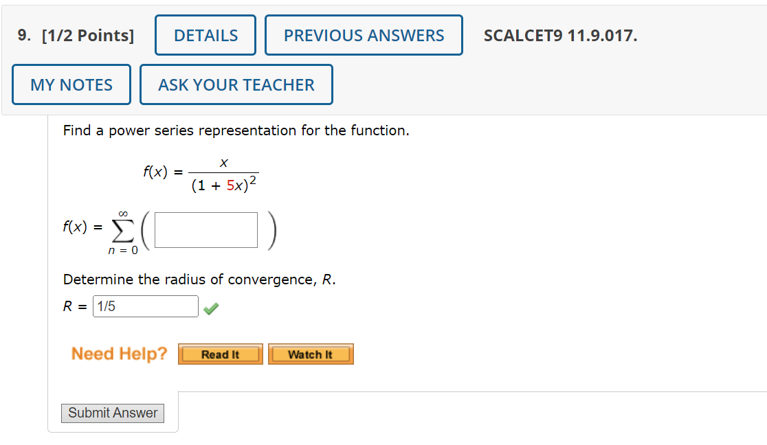 Solved /2 Points] SCALCET9 11.9.017. Find a power series | Chegg.com