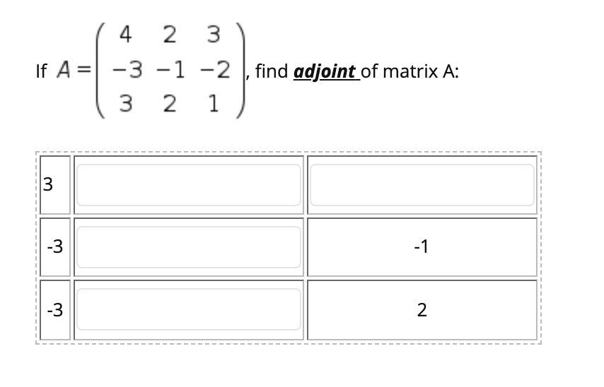 Solved 4 2 3 If A= -3 -1 -2 , find adjoint of matrix A: 3 2 | Chegg.com