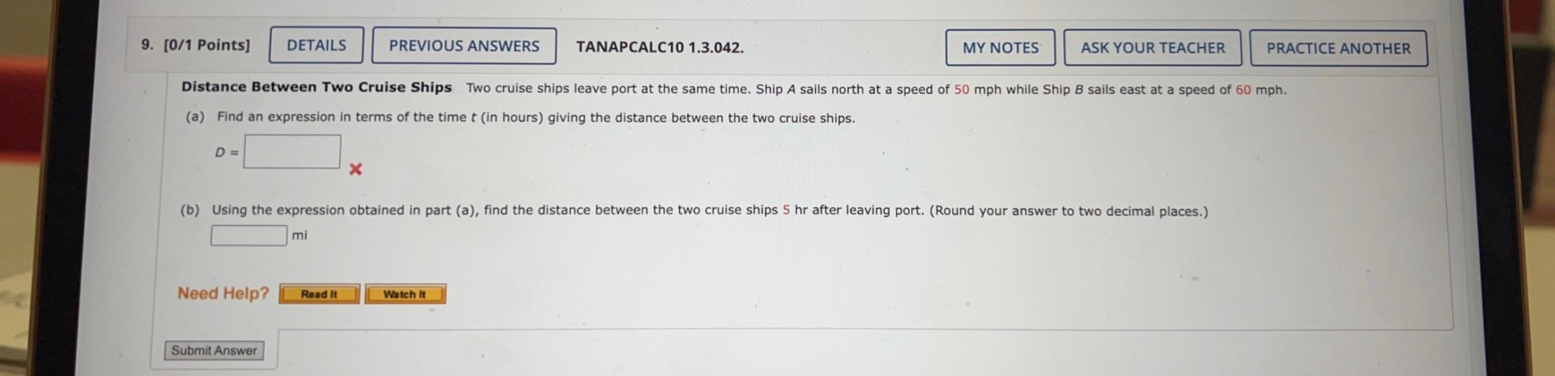 Solved Distance Between Two Cruise Ships Two cruise ships | Chegg.com