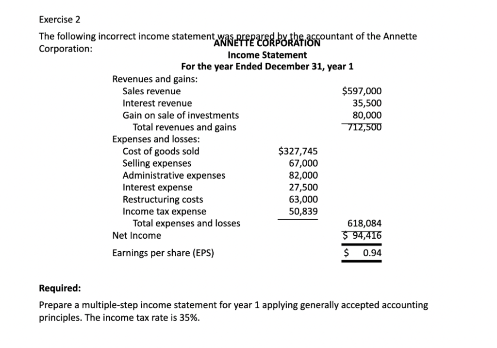Solved Exercise 2 The following incorrect income statement | Chegg.com