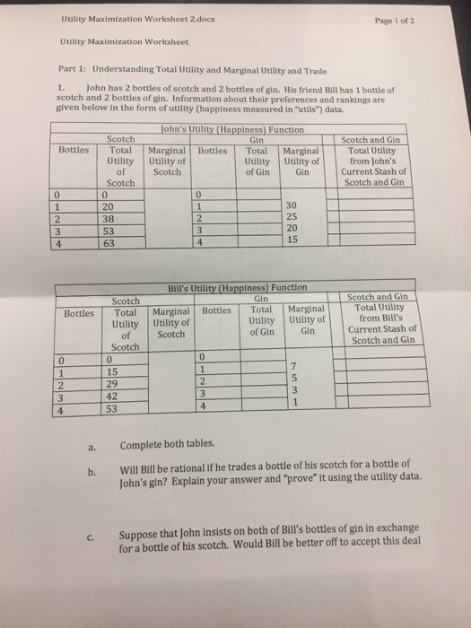 Solved Utility Maximization Worksheet 2.docx Page 1 of 2 | Chegg.com