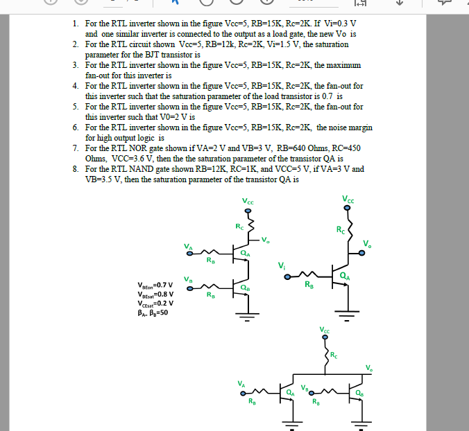 1. For the RTL inverter shown in the figure Vcc=5, | Chegg.com