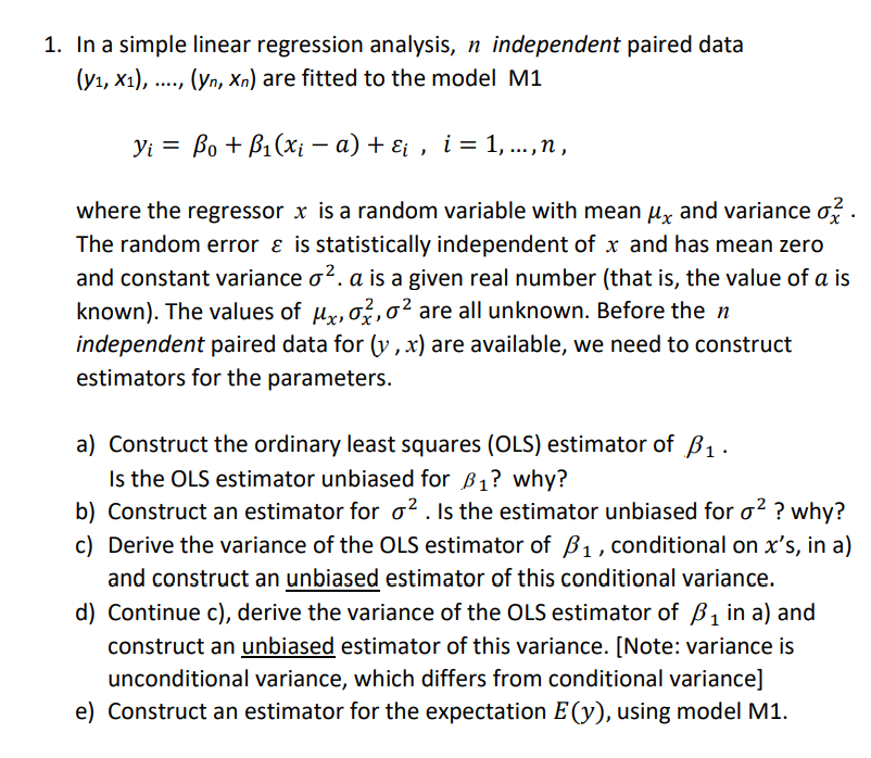 Solved In a simple linear regression analysis, n independent | Chegg.com