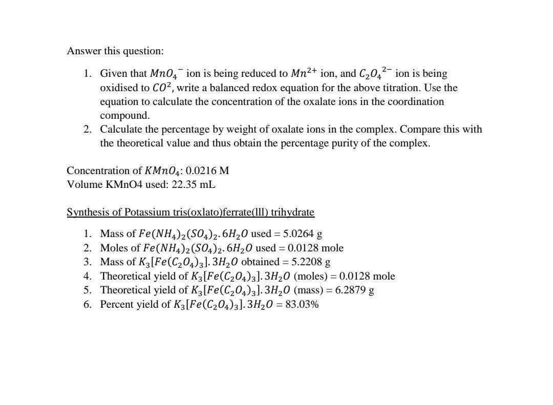 Solved Answer this question: 1. Given that Mn04 ion is being | Chegg.com